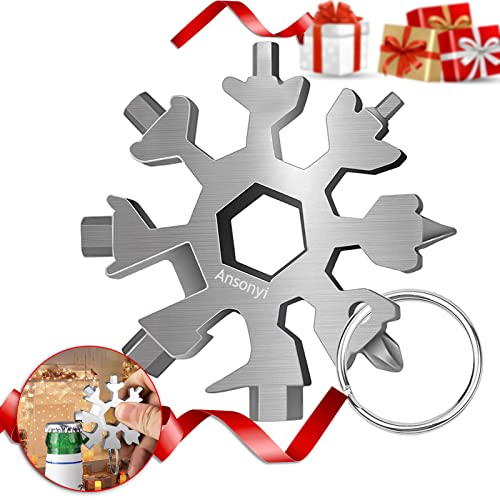 Snowflake Multi Tool, Ansonyi Stainless Steel 18-in-1 Snowflake Tool Christmas Stocking Stuffers for Men Women, Portable Screwdriver/Wrench/ Bottle Opener Multitool Funny Gifts (Silver)