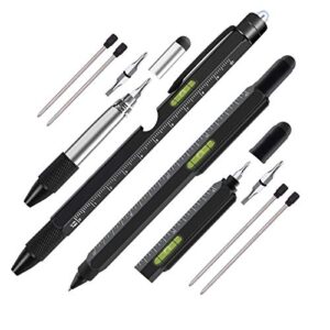 2pcs multi tool pen, tirmrin unique gifts for men, led light, stylus, ruler, ballpoint pen, level, bottle opener, screwdriver, christmas, valentines, father’s day cool gadget for him (black)