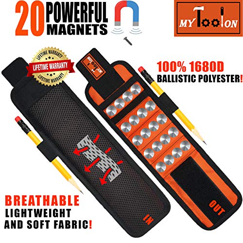 MyToolOn Magnetic Wristband with 20 Strong Magnets for Holding Screws, Nails, Drill Bits. Best Unique Tool Gift for Men, Father Dad, DIY Handyman, Husband, Boyfriend, Him, and Women, Orange.