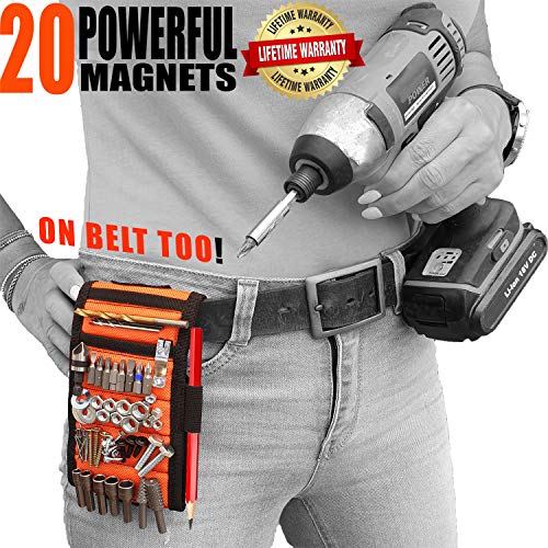 MyToolOn Magnetic Wristband with 20 Strong Magnets for Holding Screws, Nails, Drill Bits. Best Unique Tool Gift for Men, Father Dad, DIY Handyman, Husband, Boyfriend, Him, and Women, Orange.