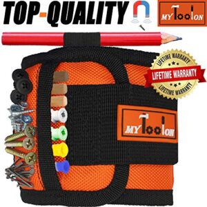 MyToolOn Magnetic Wristband with 20 Strong Magnets for Holding Screws, Nails, Drill Bits. Best Unique Tool Gift for Men, Father Dad, DIY Handyman, Husband, Boyfriend, Him, and Women, Orange.