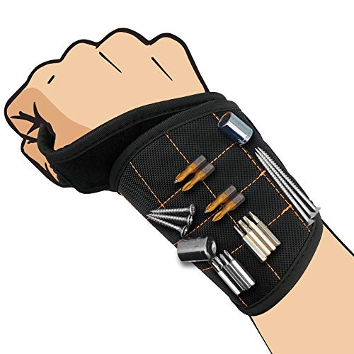 LATME Magnetic Wristband with 16 Strong Magnets for Holding Screws Nails Drill Bits-Best Armband Tool for DIY Handyman Unique Gift for Men (Black with thumb loop)