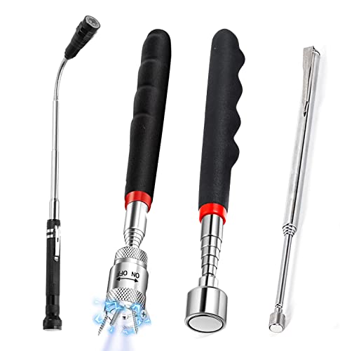 Magnetic Pickup Tool with LED Light- 4Pcs Telescoping Magnetic Pickup Tool-Magnet Wand for Men Unique Birthday Gift Ideas for Grandpa Women Truck Driver Handyman Cool Gadgets Stuff