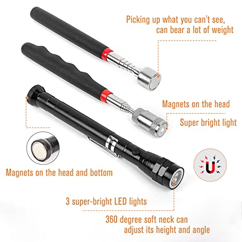 Magnetic Pickup Tool with LED Light- 4Pcs Telescoping Magnetic Pickup Tool-Magnet Wand for Men Unique Birthday Gift Ideas for Grandpa Women Truck Driver Handyman Cool Gadgets Stuff