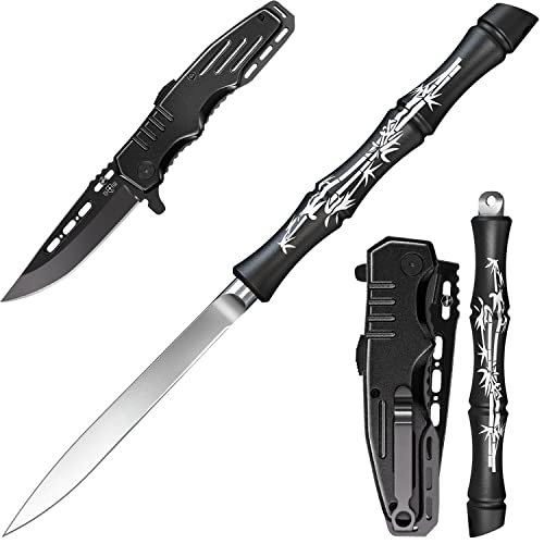 GRAND WAY Bundle of 2 Items - Pocket Folding Knife - Military Style - Boy Scouts Knife - Tactical Knife - Hobby Work Mini Knofe for Men Women - Folding EDC Knife - Kubaton Stocking Stuffers for Men