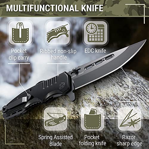 GRAND WAY Bundle of 2 Items - Pocket Folding Knife - Military Style - Boy Scouts Knife - Tactical Knife - Hobby Work Mini Knofe for Men Women - Folding EDC Knife - Kubaton Stocking Stuffers for Men