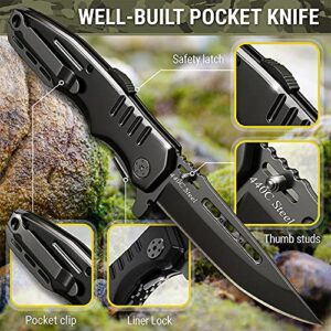 GRAND WAY Bundle of 2 Items - Pocket Folding Knife - Military Style - Boy Scouts Knife - Tactical Knife - Hobby Work Mini Knofe for Men Women - Folding EDC Knife - Kubaton Stocking Stuffers for Men