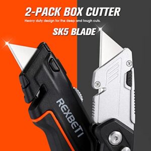 REXBETI 2-Pack Utility Knife, SK5 Heavy Duty Retractable Box Cutter for Cartons, Cardboard and Boxes, Blade Storage Design, Extra 10 Blades Included