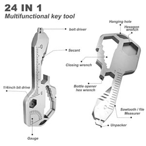 N |24-in-1 Multi-Function Key, Stainless Steel Keychain Multi-Function Tool, with Bottle Opener, Screwdriver, Ruler, Wrench, Box Opener, Drill Driver(1 Piece, Silver), 8*4*1