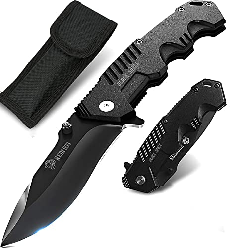 NedFoss Knifes Pocket Knives For Men, Black Coated Folding Pocket Knife, Fishing Hiking Survival Knife, with Safety Liner Lock and Belt Clip