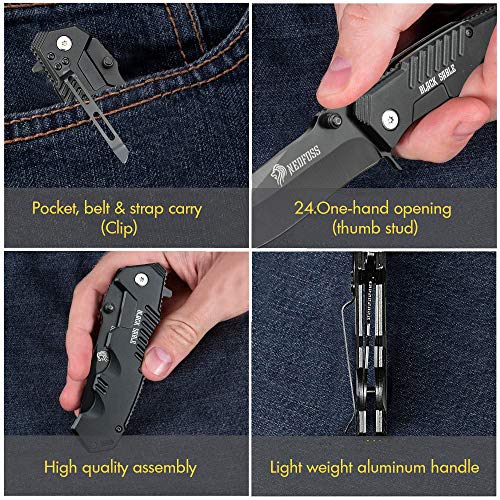 NedFoss Knifes Pocket Knives For Men, Black Coated Folding Pocket Knife, Fishing Hiking Survival Knife, with Safety Liner Lock and Belt Clip