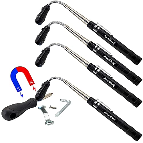 AmeriLuck 4 Pack Telescopic Pickup Tool with LED Flashlight, Extensible Rod with 360 Deg. Bendable Adjustable Magnetic Head, 4 x LR44 Batteries Included (22.3", Black)