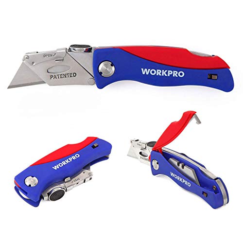 WORKPRO Folding Utility Knife, Quick-Change Box Cutter, Blade Storage in Handle with 5 Extra Blades Included