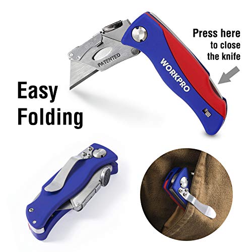 WORKPRO Folding Utility Knife, Quick-Change Box Cutter, Blade Storage in Handle with 5 Extra Blades Included