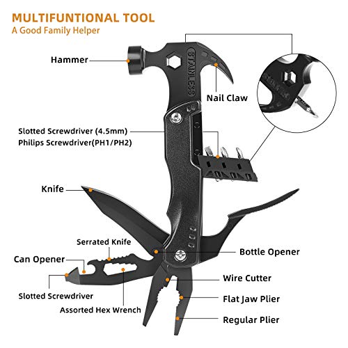 Camping Accessories Multitool, Cool Gadgets Unique Camping Gear Christmas Birthday Gift Ideas for Men Dad Him, 14-in-1 Survival Tool for Outdoor Hunting Hiking, Emergency Escape Tool with Hammer