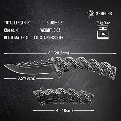 NEDFOSS Pocket Folding Knife with Personality, Hunting knife with Special Design Non-Slip Chains Pattern Handle, Cool Sharp Survival EDC knife, Pocket Knife Gifts for Men Women