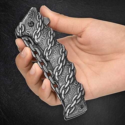 NEDFOSS Pocket Folding Knife with Personality, Hunting knife with Special Design Non-Slip Chains Pattern Handle, Cool Sharp Survival EDC knife, Pocket Knife Gifts for Men Women