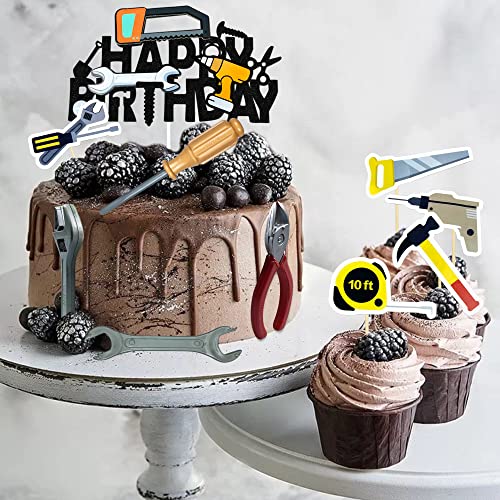 18PCS Tools Cake Topper Tools Cake Decorations Toolbox Wrench Hammer Mechanic Drill Plier Handsaw Tape Measure Screwdrivers Themed Happy Birthday Party Decor