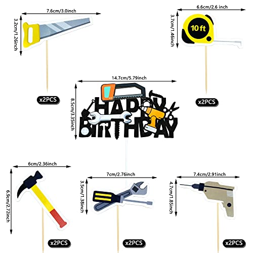 18PCS Tools Cake Topper Tools Cake Decorations Toolbox Wrench Hammer Mechanic Drill Plier Handsaw Tape Measure Screwdrivers Themed Happy Birthday Party Decor