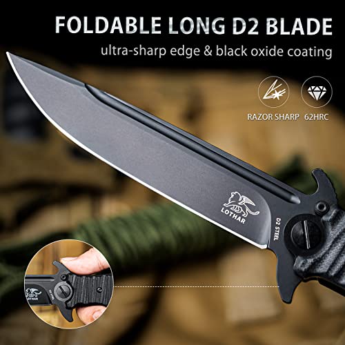 LOTHAR Pocket Knife for Men, 4.7'' D2 Large Steel Blade Folding Knife, Huge Tactical Pocket Knife, Flipper Assisted Opening with G10 Handle, Survival Knife, Cool EDC Knife, Gifts for Men