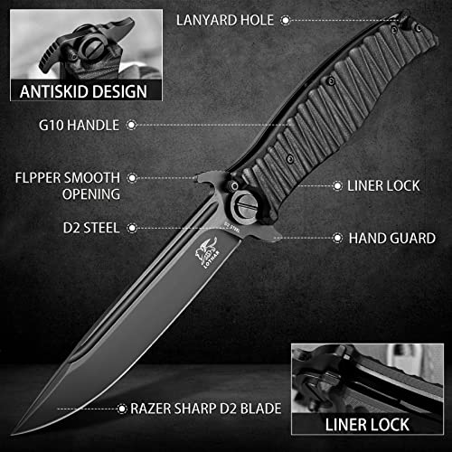 LOTHAR Pocket Knife for Men, 4.7'' D2 Large Steel Blade Folding Knife, Huge Tactical Pocket Knife, Flipper Assisted Opening with G10 Handle, Survival Knife, Cool EDC Knife, Gifts for Men