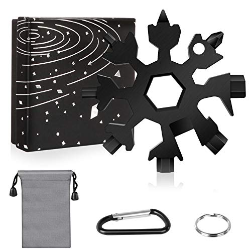 Snowflake Tool, Standard Stainless Steel Snowflake Tool,18-in-1 Snowflake Wrench Screwdriver with Storage Bag,Key Ring and Carabiner Clip,Gift Package (1, Black)