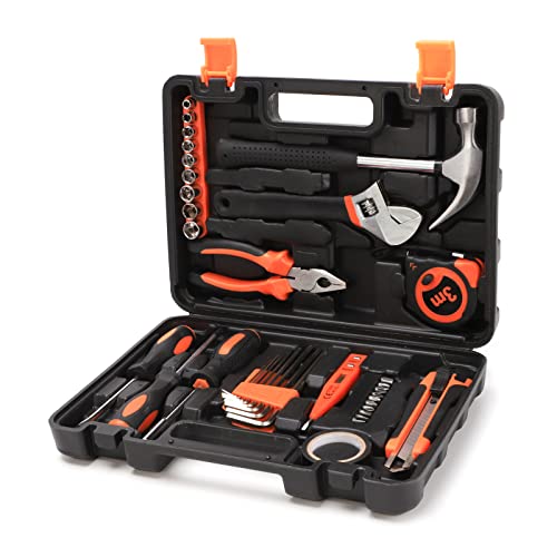 Yougfin Tool Set, 38-Piece General Household Basic Hand Tools Kit with Plastic Toolbox Storage Case, Ideal for Home Repairing & Maintenance