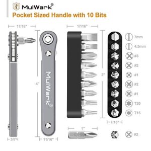 MulWark 11pc 1/4 Mini Ratchet Wrench Close Quarters Pocket Screwdriver Set with High Torque & Low Profile- Micro Right Angle EDC Tool with 90 Degree Mini Offset Reversible Drive Handle& Multi Hex Bit