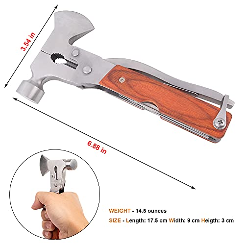 Multitool Hammer Camping Gear Accessories Survival Kits 14 in 1 Multifunction Tool Portable Folding Wood Handle Stainless Steel Multipurpose Equipment For Outdoor Hiking Hunting Tactic Unique Gifts