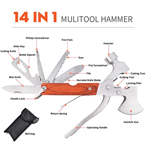 Multitool Hammer Camping Gear Accessories Survival Kits 14 in 1 Multifunction Tool Portable Folding Wood Handle Stainless Steel Multipurpose Equipment For Outdoor Hiking Hunting Tactic Unique Gifts