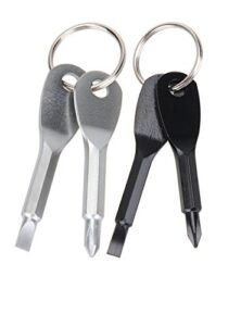 2 set(4pcs) portable multifunction key chain screwdriver mini key shape travel kits outdoor edc screwdriver tool with key ring(color: black silver)