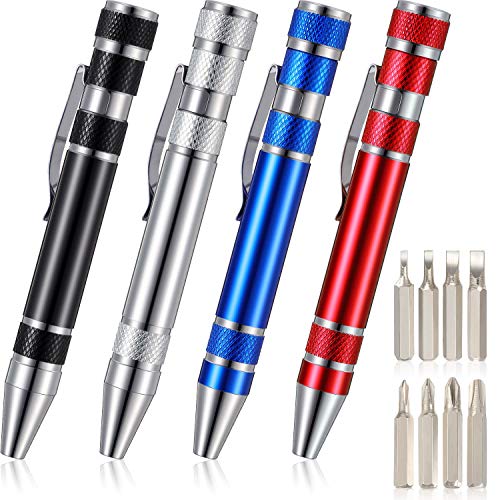 4 Pieces Pen Screwdriver Multitool Handy Tool 8 in 1 Magnetic Pocket Screwdriver Multi Precision Function for Man Mini Gadgets Repair Tools(Black, Red, Blue, Silver)