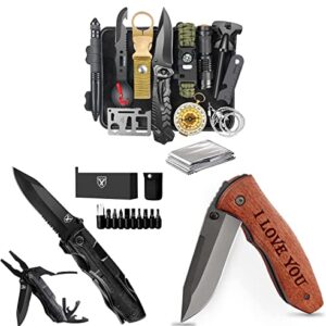 Gifts for Men Dad Husband Him, Survival Kit 14 in 1, Survival Gear and Equipment,Pocket Knife Multitool,Engraved Wood Pocket Knife I Love You, Unique Birthday Gift Idea for Men, Mens Stocking Stuffers