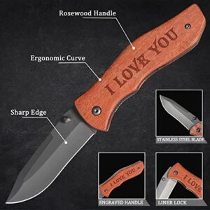 Gifts for Men Dad Husband Him, Survival Kit 14 in 1, Survival Gear and Equipment,Pocket Knife Multitool,Engraved Wood Pocket Knife I Love You, Unique Birthday Gift Idea for Men, Mens Stocking Stuffers