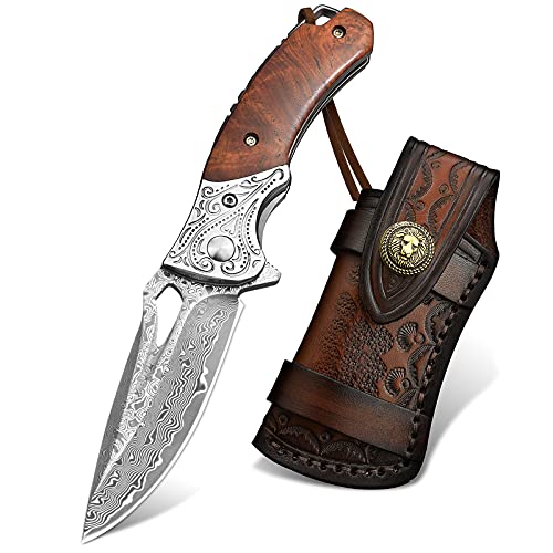 NedFoss Damascus Pocket Knife for Men, Handmade Forged VG10 Damascus Steel Blade Folding Knife with Retro Leather Sheath, Wood Handle, Pocket Clip, Liner Lock, Excellent Gifts for Men (Pattern Bloster)