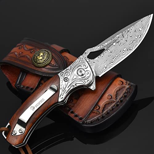 NedFoss Damascus Pocket Knife for Men, Handmade Forged VG10 Damascus Steel Blade Folding Knife with Retro Leather Sheath, Wood Handle, Pocket Clip, Liner Lock, Excellent Gifts for Men (Pattern Bloster)