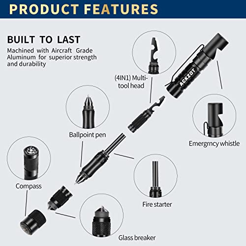 Gift for Men, ACKZOT Multitool Pen with Ballpoint Pen/Glass Breaker/Compass/Whistle/Fire Starter/Bottle Opener/Screwdriver, Cool Gadget for Camping / Survival, Unique Father's Day Gift