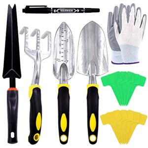 mardatt 47pcs heavy duty garden tools and gardening accessories kit with gloves, trowel, rake, transplanter,t-type plant tags, gardening hand tools for digging, weeding, loosening, transplanting