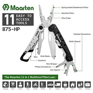 Maarten Multitool, 11 in 1 Hard Stainless Steel Multitool Pliers with Safety Locking, Camping Multi Tool Gifts for Men, Multi-pliers with Folding Saw, Bottle Opener, Screwdriver, Sickle, Nylon Sheath