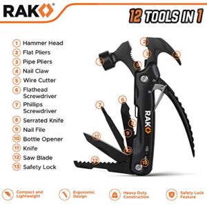 RAK Multitool Hammer - Valentine's Day Gifts For Men - Compact DIY Survival Multi Tool W/Screwdriver, Pliers, Bottle Key, Knife, Saw and More - Backpacking Gear & Camping Accessories