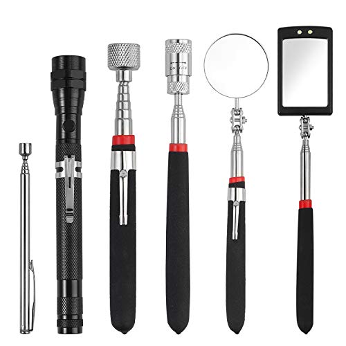 6Pack Telescoping Magnetic Pick-Up Tool with 15lb/1lb Pick Up Rod, Round and Square 360° Swivel Adjustable Inspection Mirror and Telescoping Flexible LED Flashlight