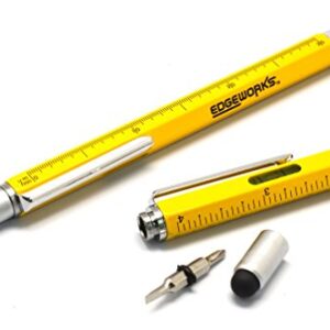 Screwdriver Pen Pocket Multi-Tool By EdgeWorks – Multi-Functional & Sturdy Aluminum DIY Tool, With Screwdriver, Stylus, Bubble Level, Ruler & Phillips Flathead Bit, Unique Gift Idea - Yellow