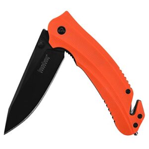 kershaw barricade (8650) orange multifunction rescue pocket knife with 3.5 inch stainless steel blade; speedsafe opening, glass breaker tip, belt cutter, pocketclip; 4.5 oz