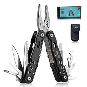 rovertac multitool pliers pocket knife camping tool gifts for men 14 in 1 multi tool with safety lock screwdrivers saw bottle opener durable sheath perfect for camping survival hiking simple repairs