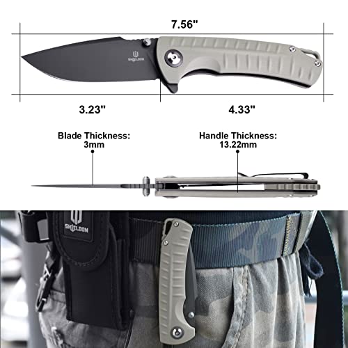 SHIELDON EDC Pocket Knife, 3.2 inch D2 Blade G10 Handle Folding Knife with Clip for Everyday Carry, Thumb Stub Opening with Smooth Liner Lock