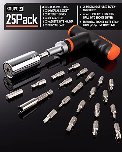 KOOPOOL Universal Socket Tool Set (1/4"-3/4") 25-Piece (A) with Magnetic Pickup Tool Set 5-Piece (B)