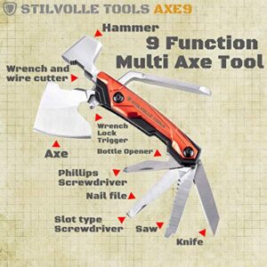 Stilvolle tools Axe 9 ax with 9-Featured Multi-Tool Hammer, Wrench, Wire Cutter, ax, Bottle Opener, Phillips Screwdriver, Flat-Blade Screwdriver, Nail File, Saw, Knife (Orange)