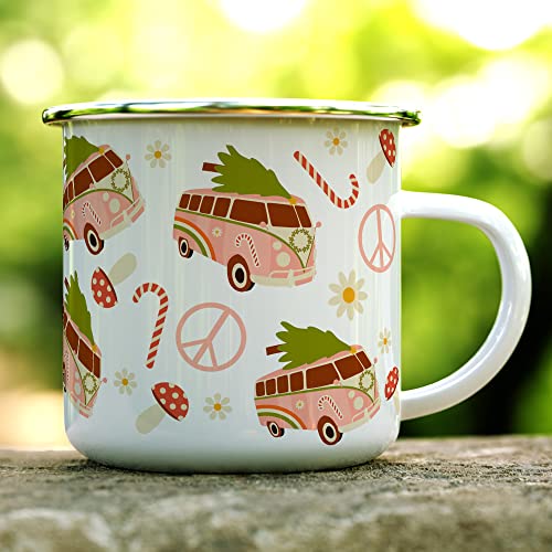 Christmas Bus Retro Holiday Campfire Coffee Mug, Van Life Camper Camping Cup (12oz)