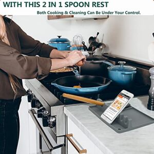 Spoon Rest, 2 in 1 Silicone Utensil Rest with Drip Pad for Multiple Kitchen Utensils, Spoon Holder for Stove Top Larger Size Upgraded Food-Grade BPA-Free Heat-Resistant Dishwasher Safe, Gray