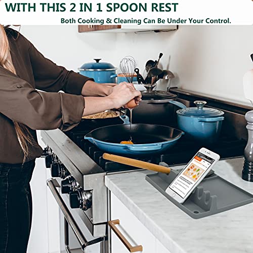 Spoon Rest, 2 in 1 Silicone Utensil Rest with Drip Pad for Multiple Kitchen Utensils, Spoon Holder for Stove Top Larger Size Upgraded Food-Grade BPA-Free Heat-Resistant Dishwasher Safe, Gray